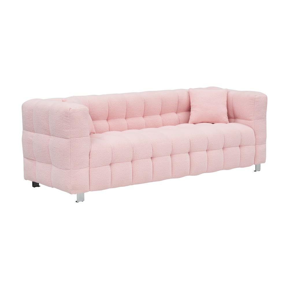 QSOSTNS Teddy Fleece Sofa 80 Inch Couch, Perfect for Living Room or Bedroom, Complete with Two Throw Pillows and Sturdy Hardware Foot Support (Pink)