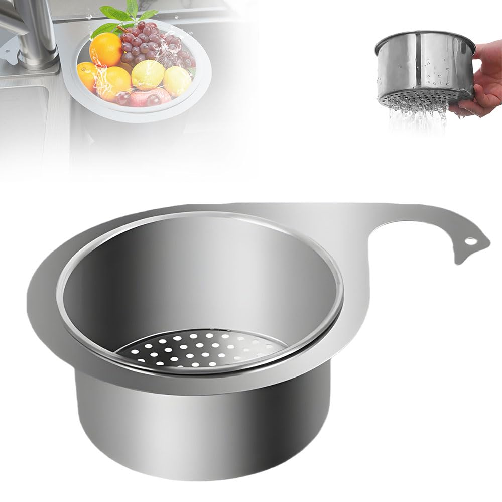 Stainless Steel Sink Drain Strainer Basket, 2024 New Multifunction Hanging Sink Strainer Colander Drain Basket, Kitchen Sink Food Waste Filter and Vegetables Fruits Clean (1, L)