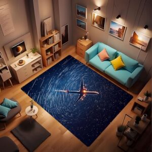 Retro flying airplane decorative rug, airplane playroom rug, airplane living room rug, starry sky airplane print rug, women men teenager decoration, suitable for airplane theme lovers 60x80inch