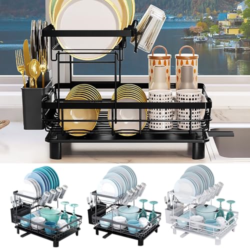 LEAQU Dish Drying Rack,2-Tier Dish Rack for Kitchen Counter, Metal Dish Drainer with DrainBoard,Utensil Holder,Anti-Rust Sink Drying Dish Strainer Rack for Kitchen Black