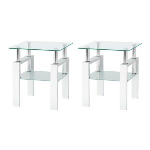 Modern Tempered Glass Coffee Table End Table, Square Glass Side Table for Living Room, Minimalist Design for Small Spaces, Glass End Table Set for Living Room, Bedroom (White, Set of 2)