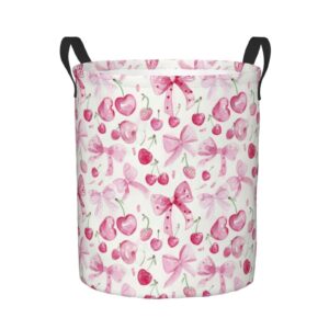 delerain pink bows cherries laundry basket, waterproof laundry hamper with handles, collapsible toy bins dirty clothes round storage basket for home bathroom office nursery, 19.6x15.7(m)