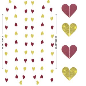 Bridal Shower Decorations Burgundy Gold Fall/Burgundy Gold Birthday Party Decorations/Valentines Day Decorations//Burgundy Bachelorette Decorations/Burgundy Heart Paper Garlands