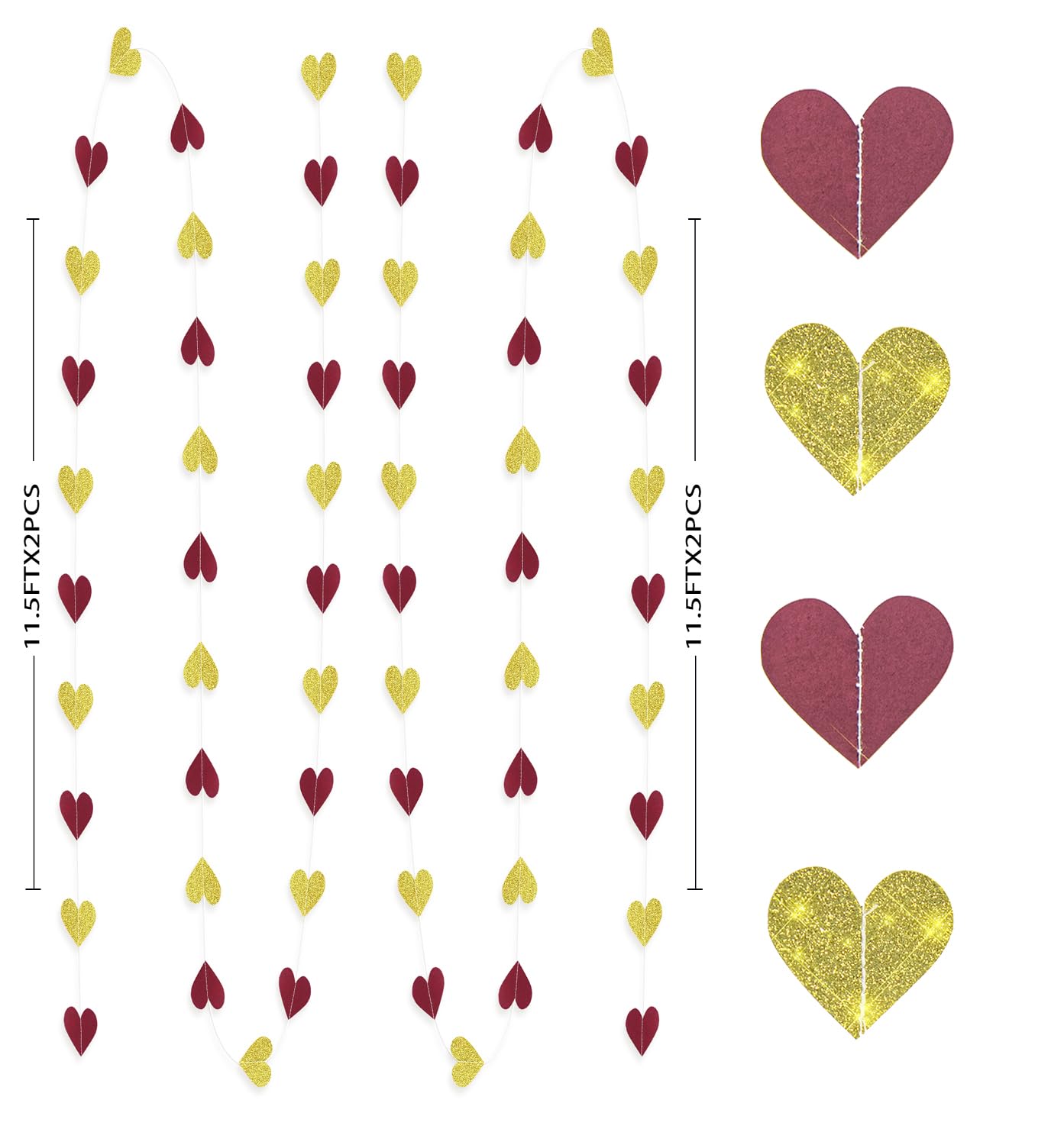 Bridal Shower Decorations Burgundy Gold Fall/Burgundy Gold Birthday Party Decorations/Valentines Day Decorations//Burgundy Bachelorette Decorations/Burgundy Heart Paper Garlands