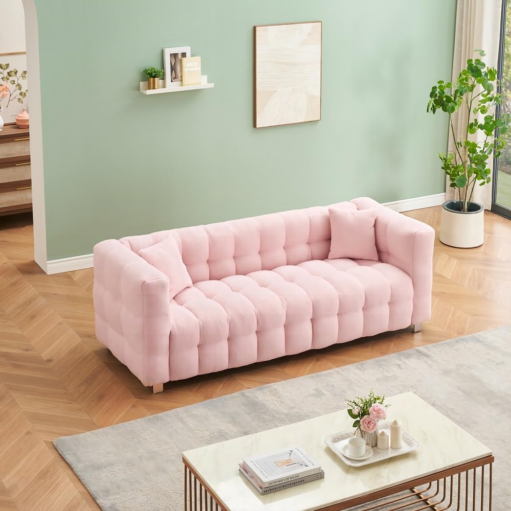 QSOSTNS Teddy Fleece Sofa 80 Inch Couch, Perfect for Living Room or Bedroom, Complete with Two Throw Pillows and Sturdy Hardware Foot Support (Pink)