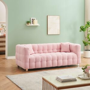 qsostns teddy fleece sofa 80 inch couch, perfect for living room or bedroom, complete with two throw pillows and sturdy hardware foot support (pink)