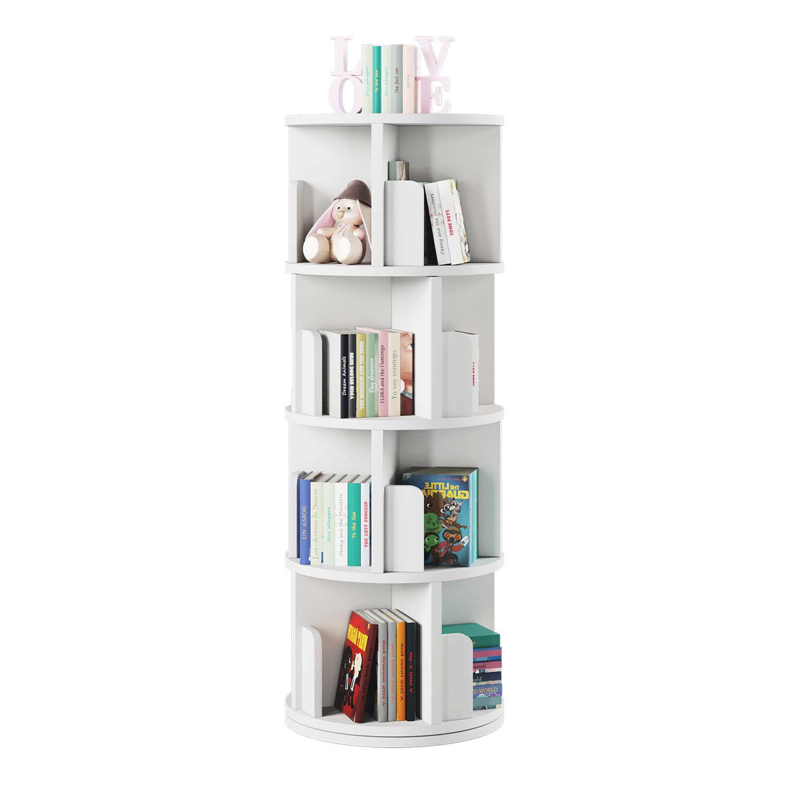 oneinmil Rotating Bookshelf, 360° Rotating Bookcase for Small Space, Corner Bookcase for Bedroom, Living Room, Study Room, 4 Tier, White