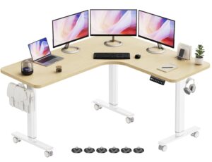 flycity electric l shaped standing desk adjustable height, 63" x 55" corner stand up desk, home office desk, dual motor sit stand desk, computer desk with 3 memory preset & child lock, maple