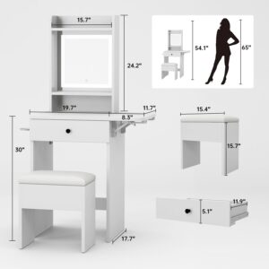 oneinmil Small Vanity Desk Set with LED Lighted Mirror & Power Outlet, Makeup Vanity Desk for Small Space, White Dressing Table with Fold-up Panel for Bedroom, 3 Lighting Modes