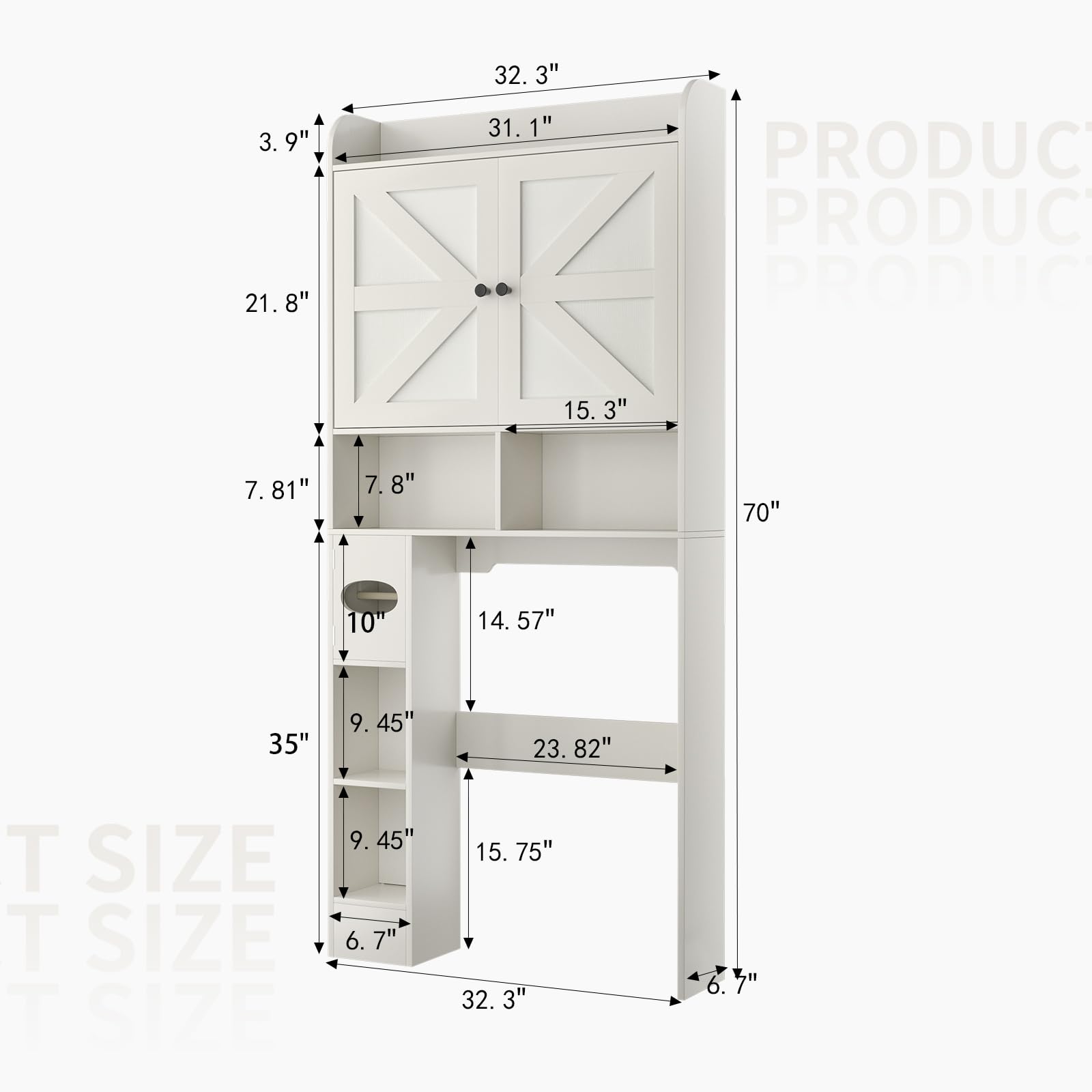 MUUEGM 32.3''W Over The Toilet Storage Cabinet, Bathroom Shelf Over Toilet Organizers & Storage with Barn Doors, Home Space-Saving Toilet Rack with Toilet Paper Holder, White