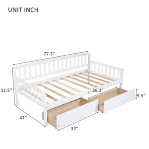 Twin Size Daybed Frame with Storage Drawers,Wood Day Bed Frame Twin Size,Daybed with Storage for Bedroom,Living Room,Kids Room, White