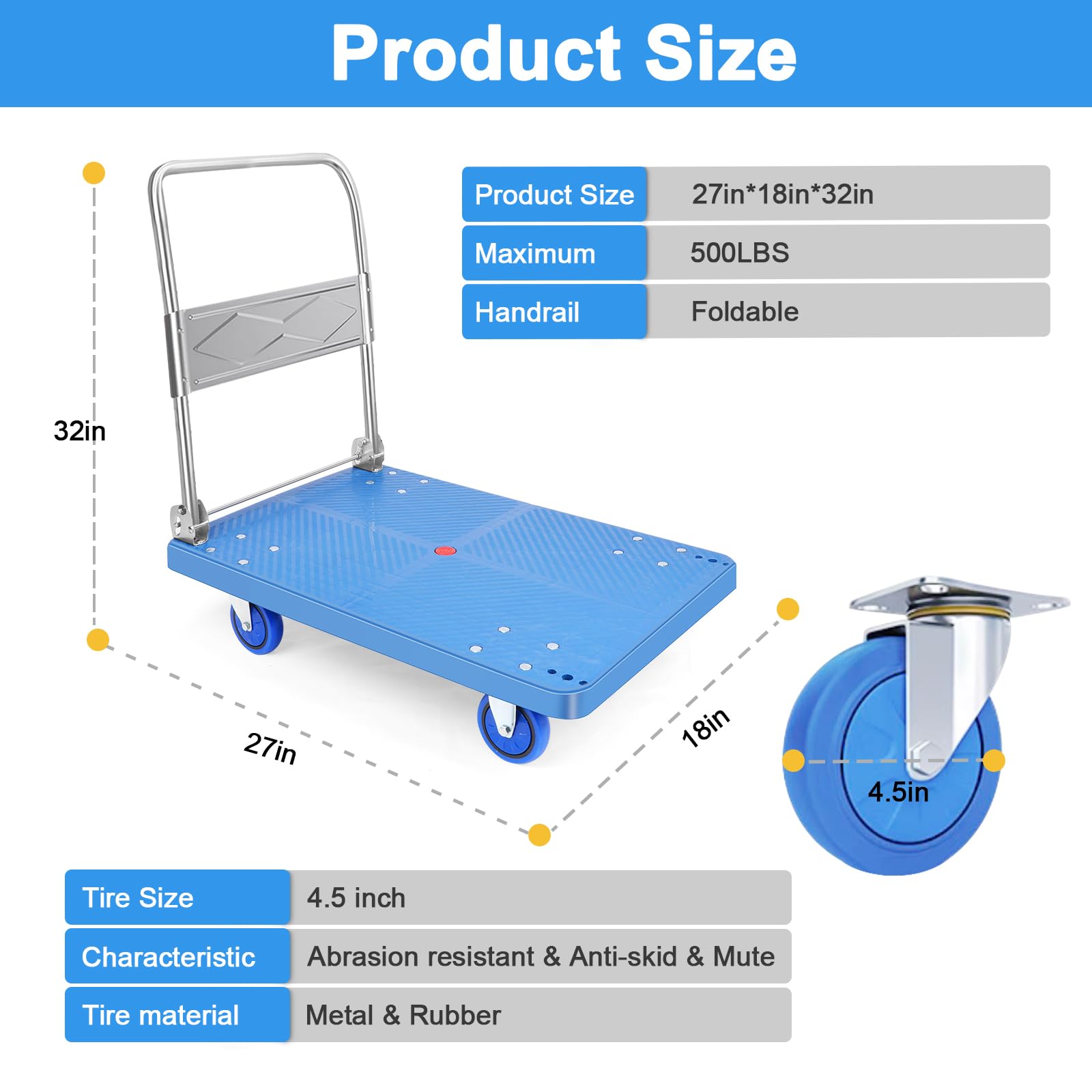 Folding Dolly Cart with Wheels Collapsible - 1500lbs Alloy Steel Portable Foldable Moving Push Utility Flat Hand Trucks, Heavy Duty Trolley Dolley with 360 Degree Swivel Wheels (Blue, PP-S)