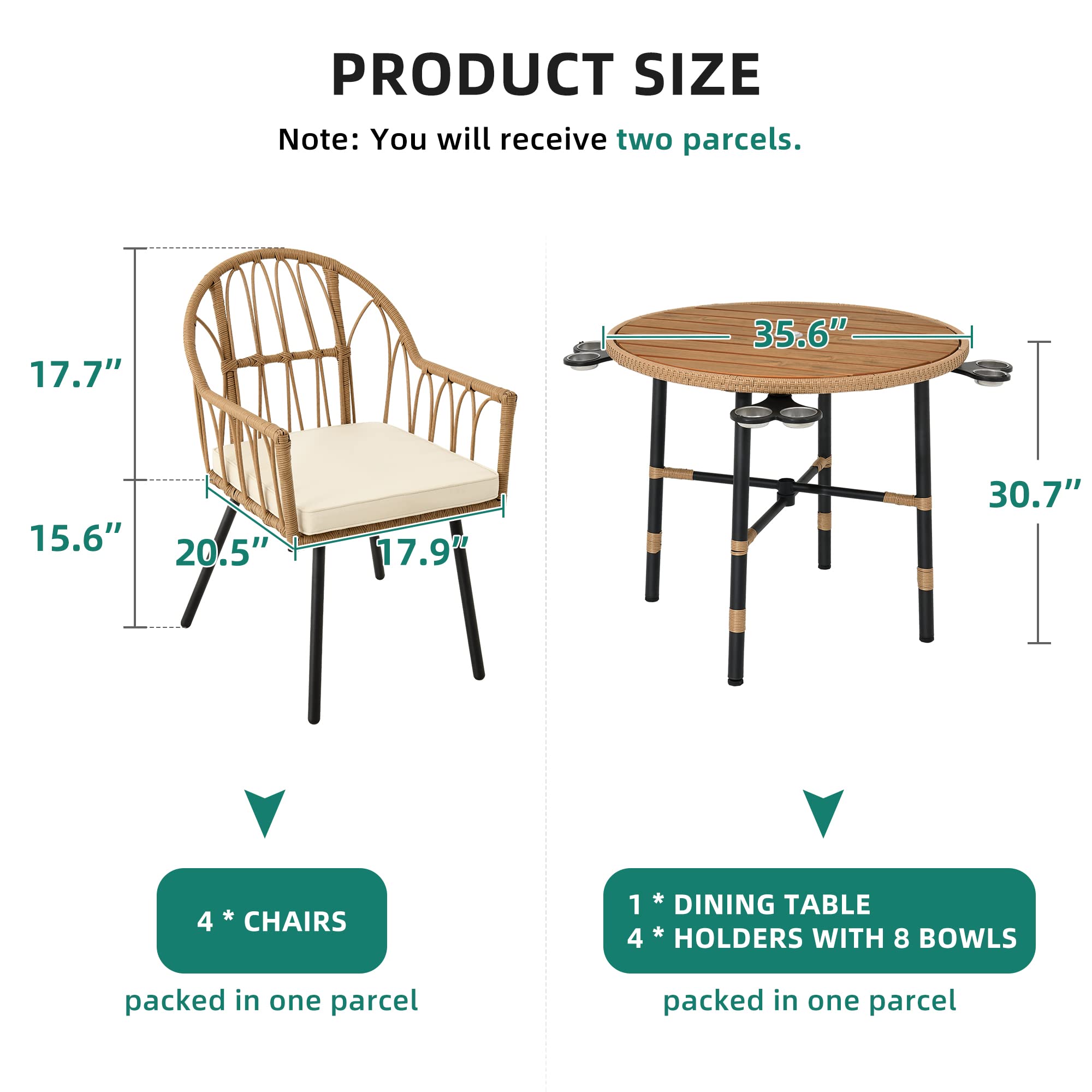 YITAHOME 5 Pieces Patio Dining Table Chair Set, Outdoor Table and Chairs with 4 Holders, Patio Furniture Set with Umbrella Hole, Outdoor Rattan Dining Table Set for Patio, Backyard, Balcony, Garden