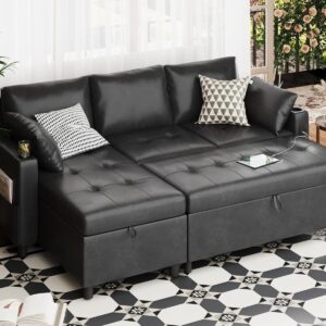 Esright Sleeper Sofa Bed Couch with Pullout Sofa Bed, Faux Leather Sectional Sleeper Sofa Pull Out Couch Bed with Storage USB & Cup Holders, Convertible Sofa Bed Couches for Living Room, Black