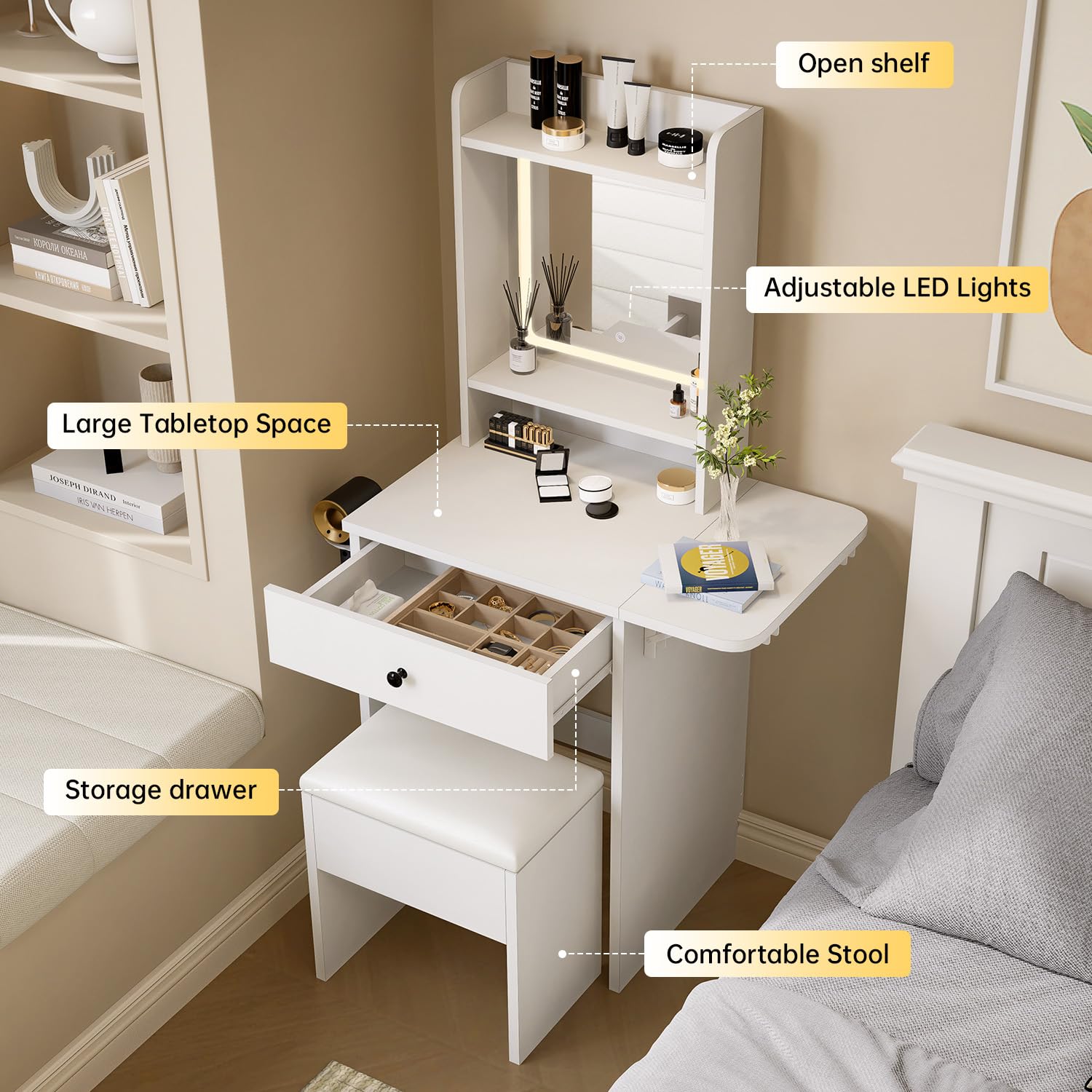 oneinmil Small Vanity Desk Set with LED Lighted Mirror & Power Outlet, Makeup Vanity Desk for Small Space, White Dressing Table with Fold-up Panel for Bedroom, 3 Lighting Modes