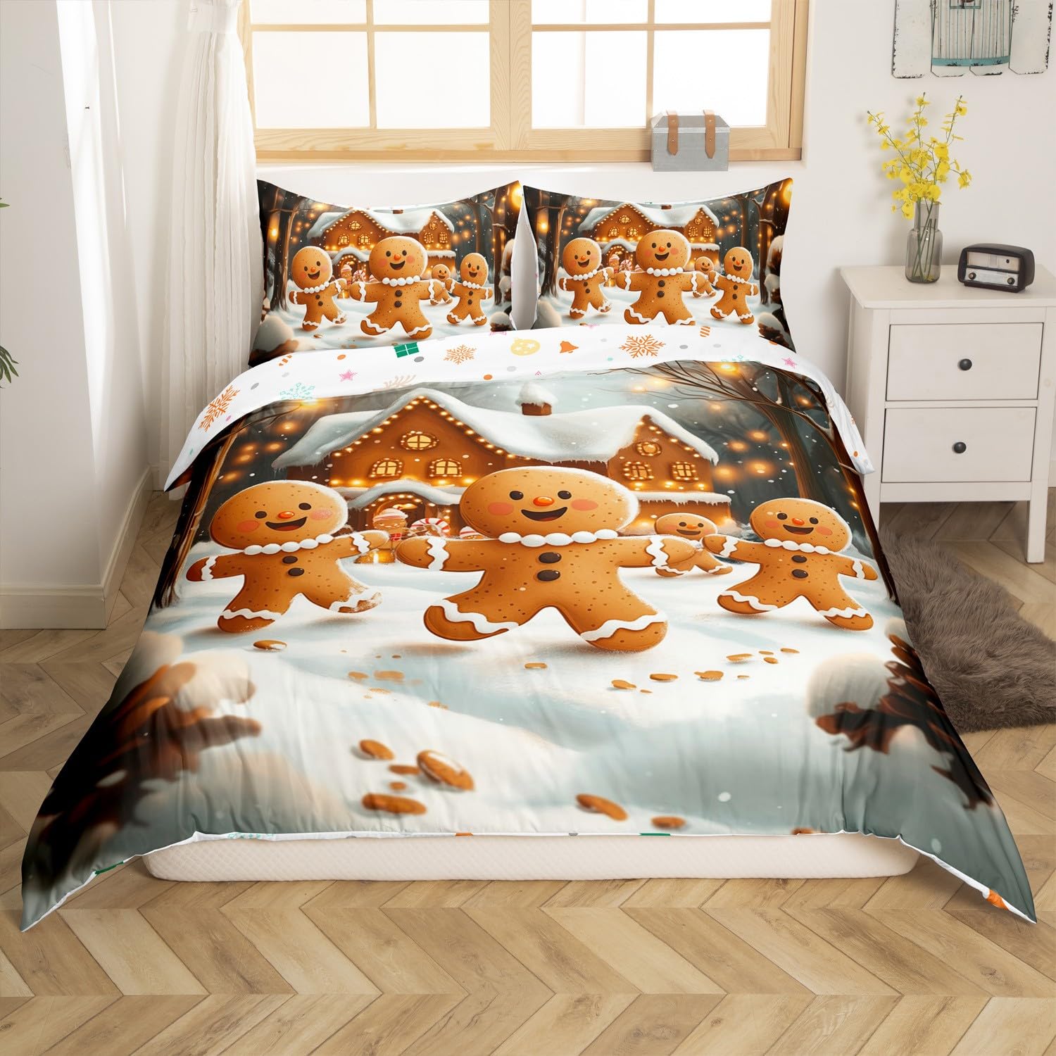 Feelyou Christmas Duvet Cover Cute Christmas Gingerbread Man Bedding Set Queen Size for Boys Girls Xmas Bedroom Bed Decor Merry Christmas Comforter Cover Xmas Christmas Bedspread Cover