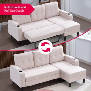 MUZZ 80'' L-Shaped Pull Out Sofa Bed with Storage,Sectional Sofa Bed with Cup Holders, Sleeper Sofa with Reversible Chaise, Pull Out Sectional Couch with Storage Armrest for Living Room,Office-Beige