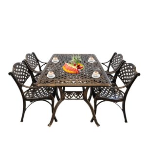 patio-in 5 piece outdoor dining set, cast aluminum patio dining set for 4 person, patio furniture set with 59" rectangle patio table(2.56" umbrella hole) and 4 chairs