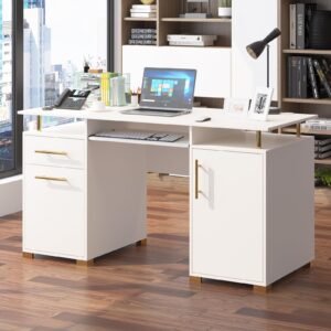 maverickfurni white and gold executive desk with drawers, 55 inch white desk with keyboard drawers, white and gold desks for bedrooms, white computer desk with file cabinet for office