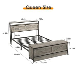 Fameill Queen Size Bed Frame with Storage Ottoman and 2 Drawers, Farmhouse Metal Platform Bed with Headboard, LED Lights and Charging Station, No Box Spring Needed, Noise Free, Gray