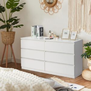 Karl home 6 Drawer Dresser, White Dresser Double Dresser Chest of Drawers, Wood Dressers for Bedroom with Cut-Out Handles, Long Bedroom Dresser with Deep Drawers, Living Room, Office, 55 Inch