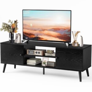 sweetcrispy tv stand for 55 60 inch tv, modern mid century entertainment center with storage, media console table 2 cabinet, soft hinge, handle door, wooden living room, office furniture, black