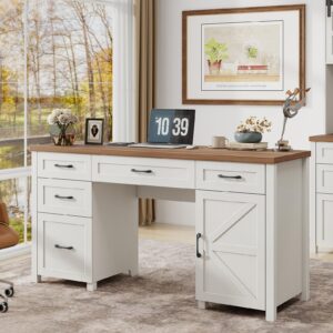 farmhouse 61'' executive desk with 5 drawers, rustic office desk computer desk with charging station, file drawers and storage cabinet, wood workstation for home office and study, untique white