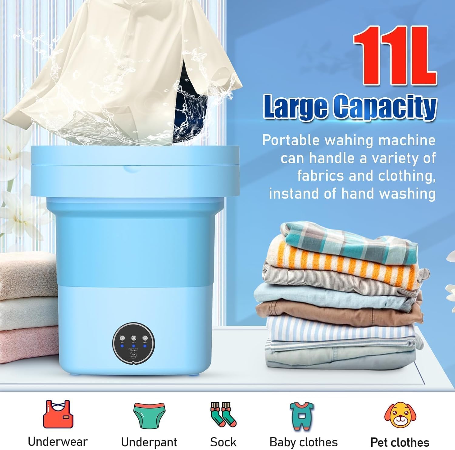 Portable Washing Machine with 3 Intelligent Cleaning Modes, 11L Mini Washer with Foldable Design, Mini Folding Washing for Travel, Camping, Apartment, Dorm, Baby Clothes, Socks, Underwear