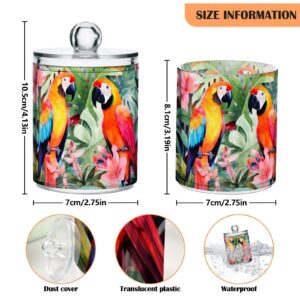 FLildon Colorful Parrot Birds Qtip Holder Dispenser, Bathroom Organizer and Storage Containers, 4Pack Clear Plastic Apothecary Jars with Lids for Cotton Ball, Cotton Swab, Floss