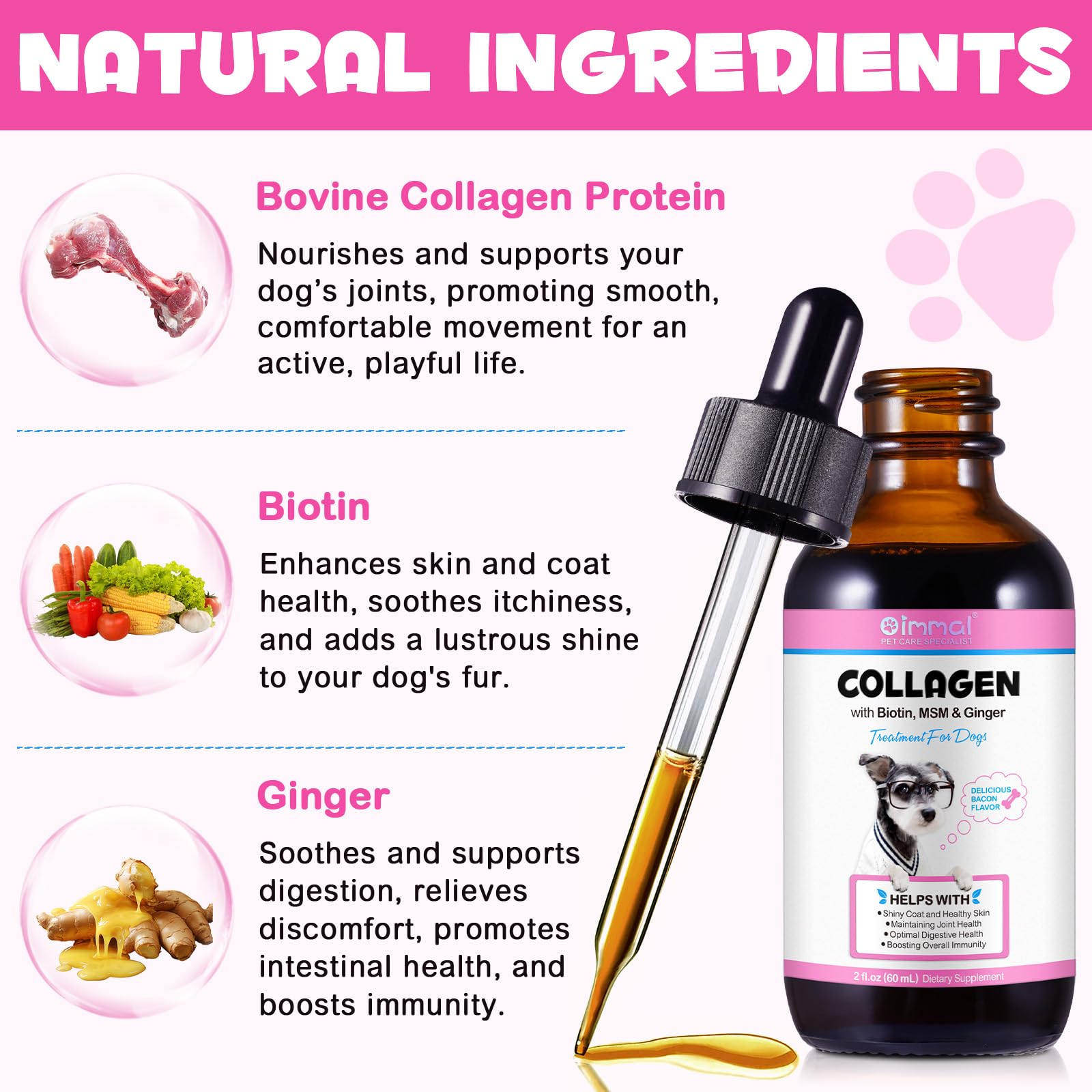 Collagen for Dogs,Liquid Collagen for Dogs,Collagen Supplement for Dogs,Collagen Boost for Dogs with Biotin, MSM & Ginger,Delicious Bacon Flavor,2 Fl Oz