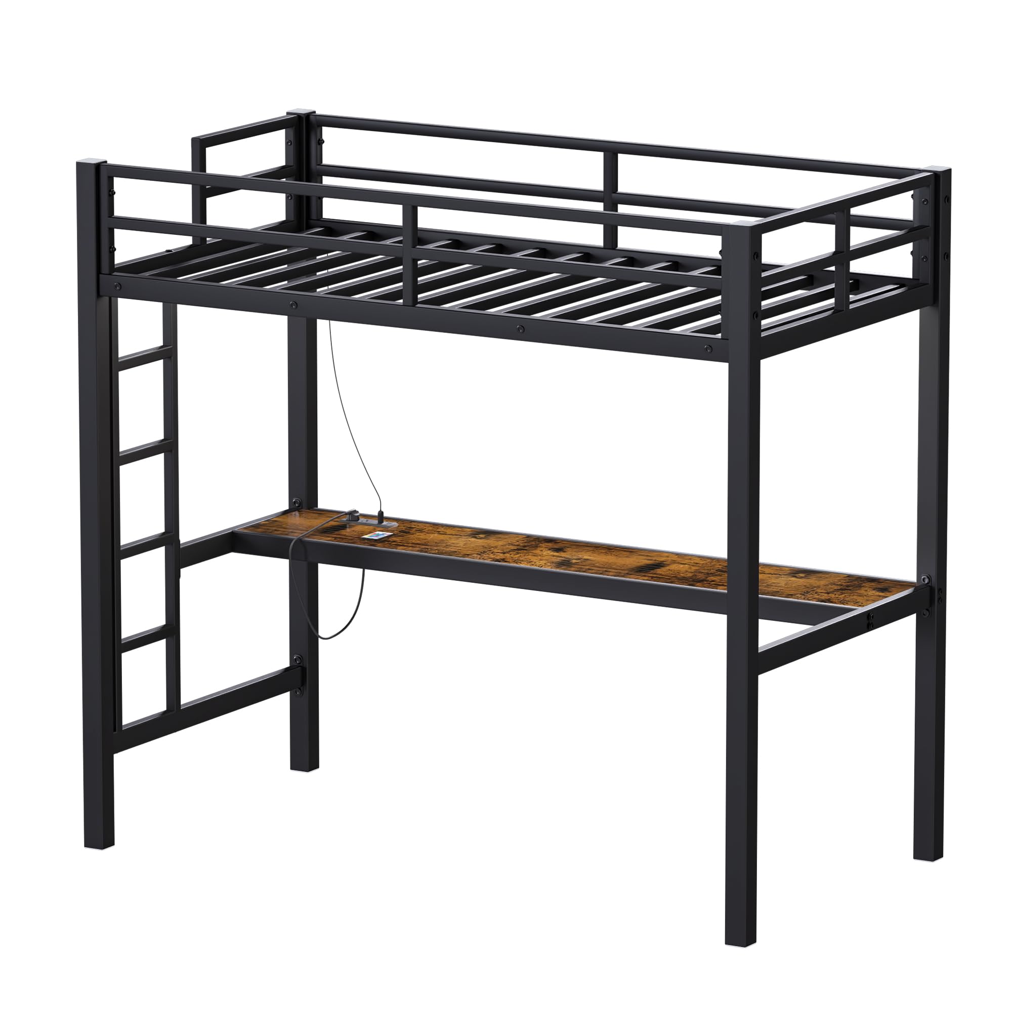 METAN Metal Loft Bed with Desk, Metal Loft Bed Frame with LED Light, Metal Bed with Desk with Charging Outlets, Noise-Free, Space-Saving, Black, Assembly Required