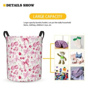 Delerain Pink Bows Cherries Laundry Basket, Waterproof Laundry Hamper with Handles, Collapsible Toy Bins Dirty Clothes Round Storage Basket for Home Bathroom Office Nursery, 19.6X15.7(M)