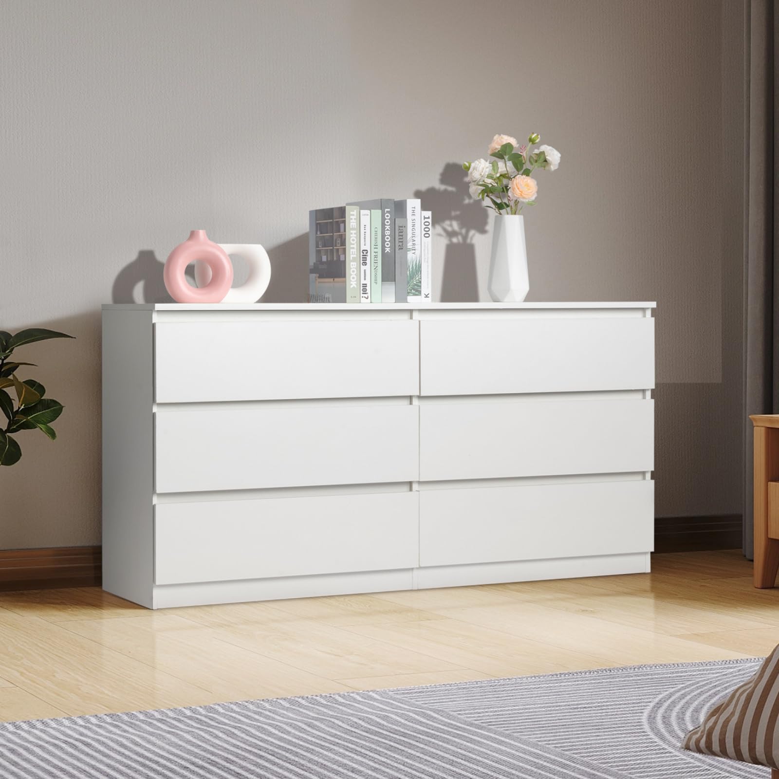 Karl home 6 Drawer Dresser, White Dresser Double Dresser Chest of Drawers, Wood Dressers for Bedroom with Cut-Out Handles, Long Bedroom Dresser with Deep Drawers, Living Room, Office, 55 Inch