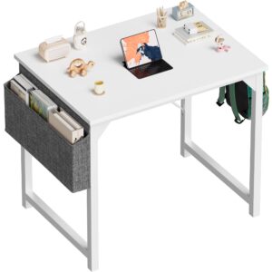 shahoo small computer desk for bedroom 32 inch office writing work study kids student bedroom wood modern simple table with storage bag & headphone hooks, white