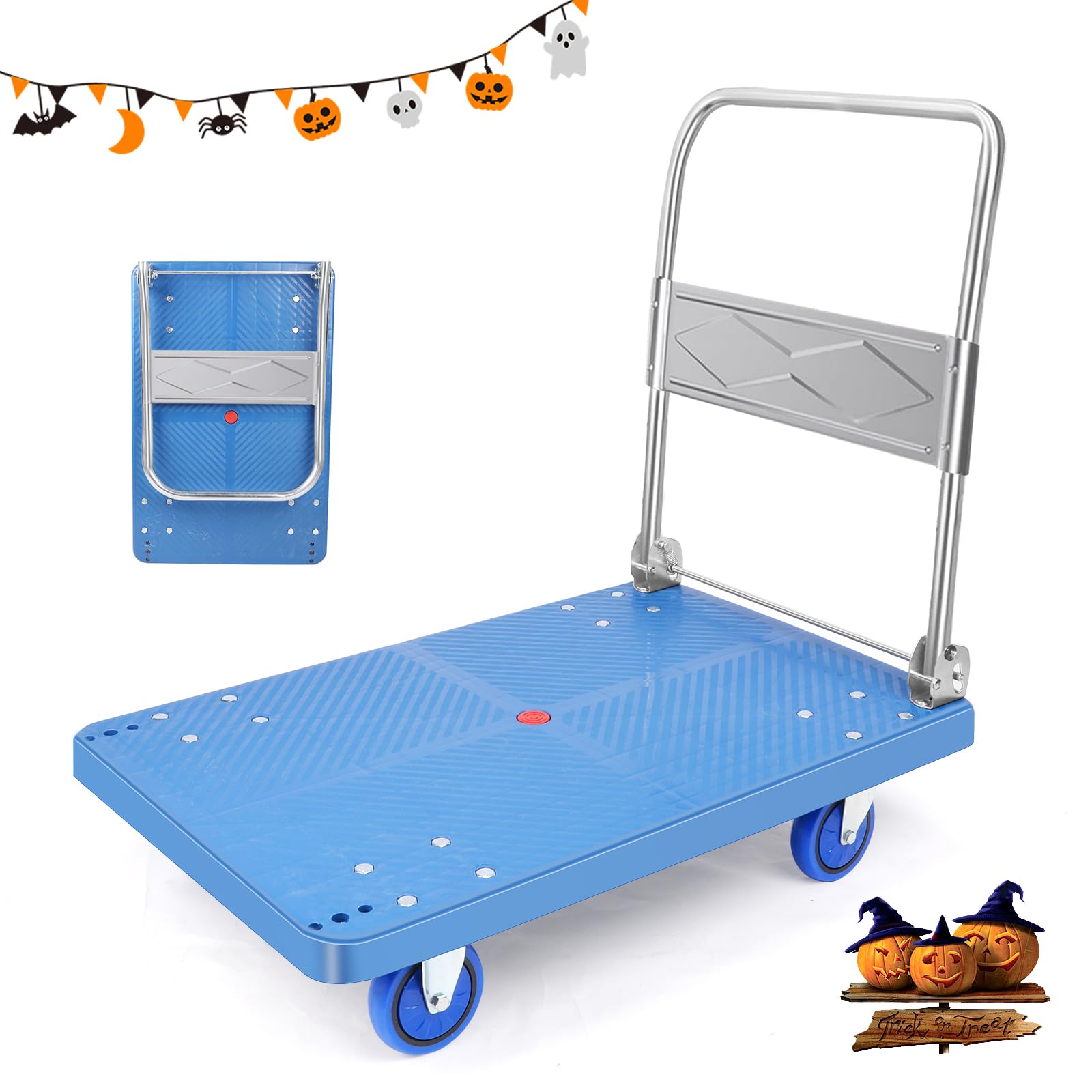 Folding Dolly Cart with Wheels Collapsible - 1500lbs Alloy Steel Portable Foldable Moving Push Utility Flat Hand Trucks, Heavy Duty Trolley Dolley with 360 Degree Swivel Wheels (Blue, PP-S)