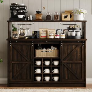 4ever2buy farmhouse wine bar cabinet with led light & mirror, 47” buffet sideboard with 4 glass hooks & 9 wine racks, coffee bar cabinet with sliding barn door for kitchen dining living room, brown