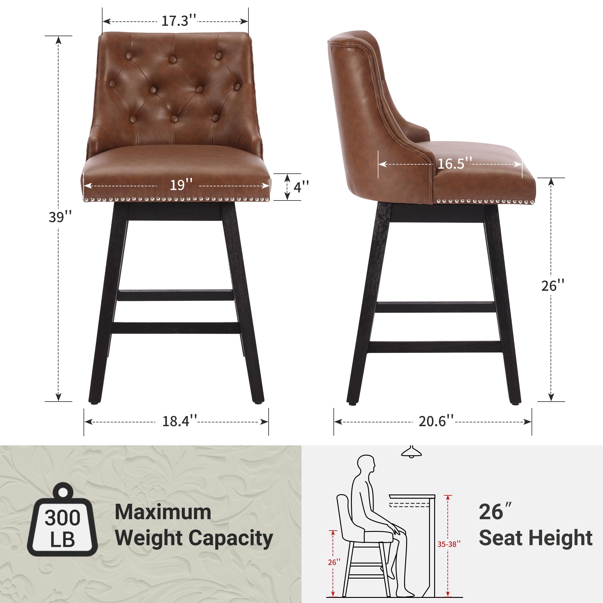 Busaurus Swivel Bar Stools Counter Height, 26" Faux Leather Upholstered Swivel Counter Stools with Back Set of 1, Modern Kitchen Island Stools with Solid Wood Legs, Brown