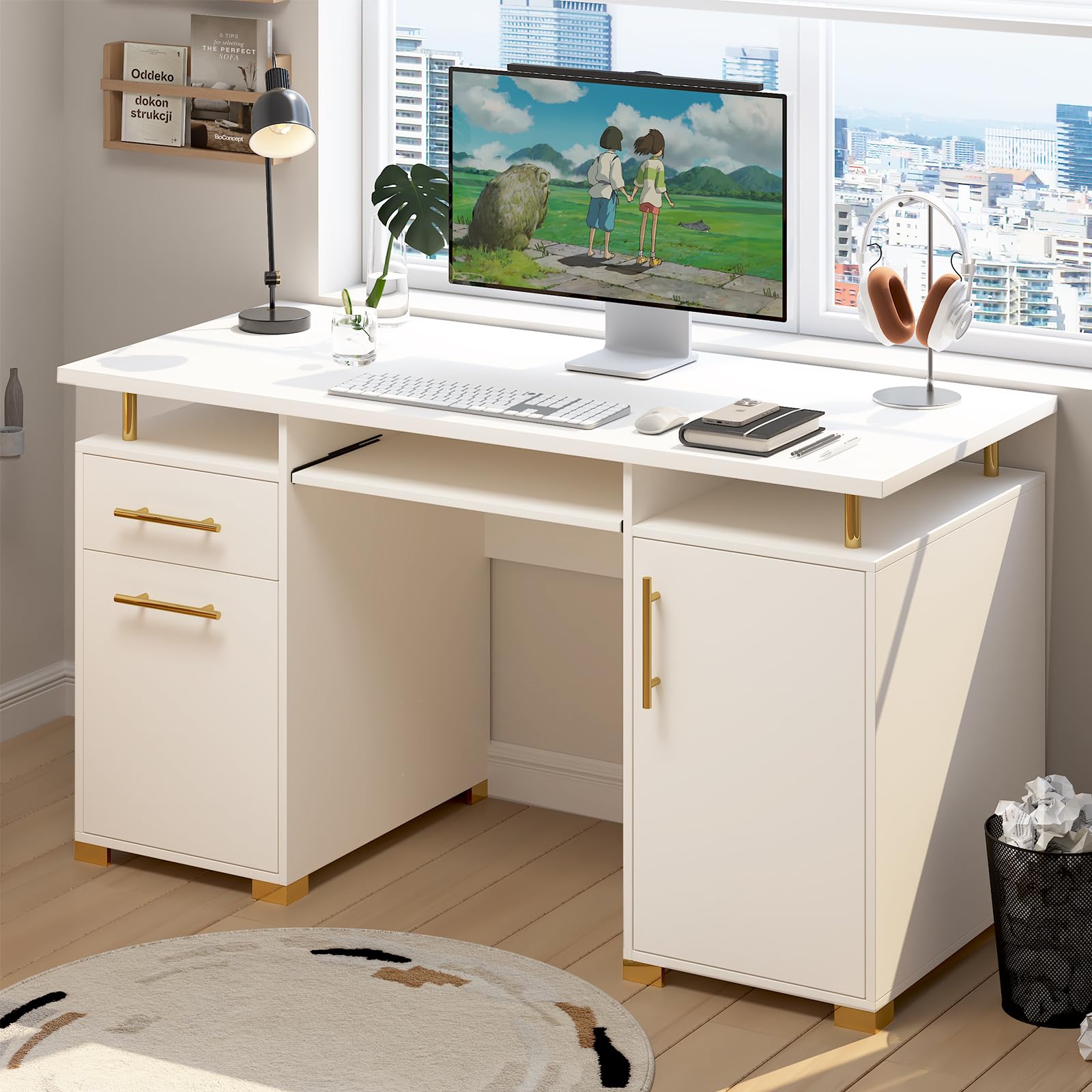 MaverickFurni White and Gold Executive Desk with Drawers, 55 Inch White Desk with Keyboard Drawers, White and Gold Desks for Bedrooms, White Computer Desk with File Cabinet for Office