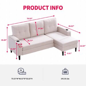 MUZZ 80'' L-Shaped Pull Out Sofa Bed with Storage,Sectional Sofa Bed with Cup Holders, Sleeper Sofa with Reversible Chaise, Pull Out Sectional Couch with Storage Armrest for Living Room,Office-Beige