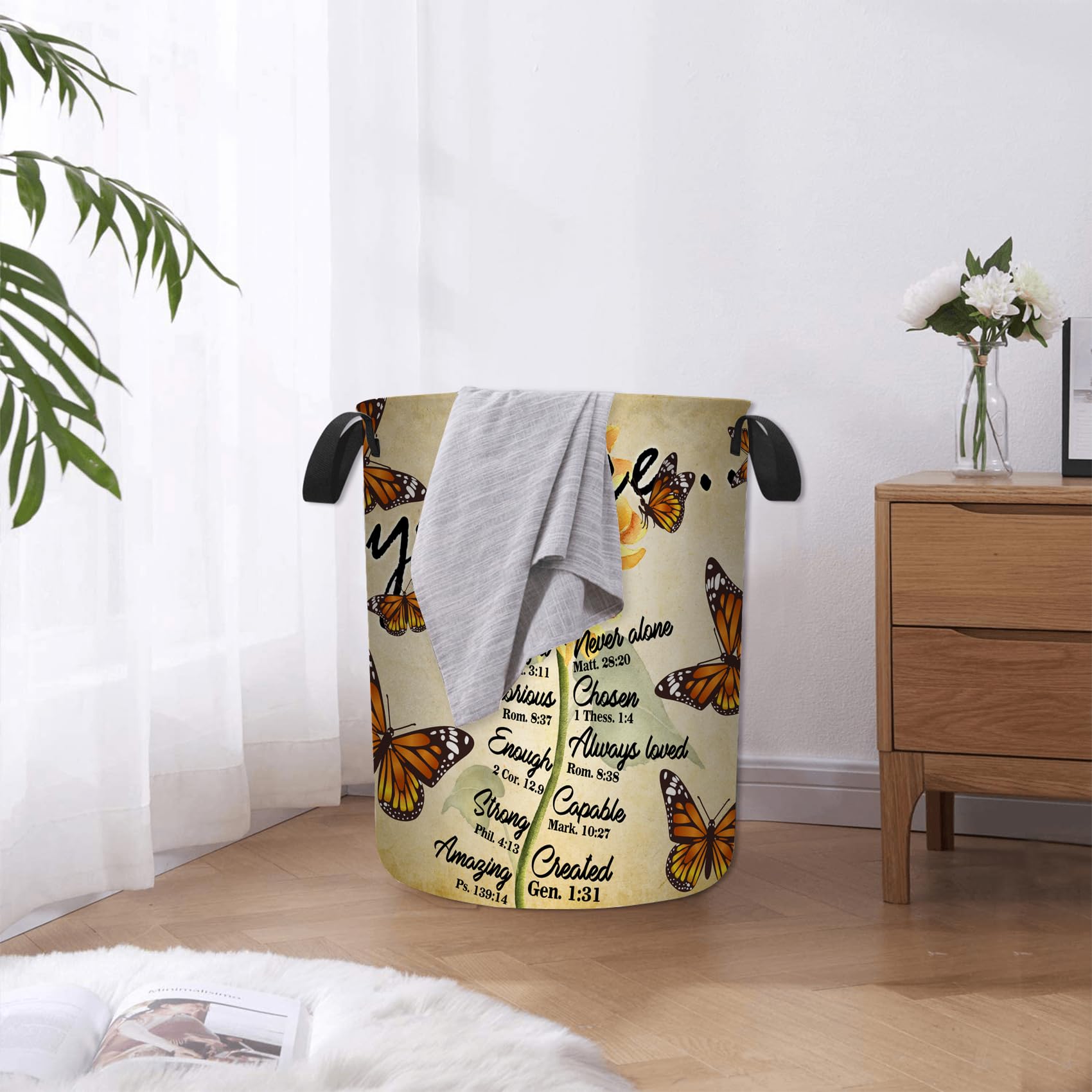 Inspirational Bible Verse Laundry Hamper, Sunflower and Butterfly Laundry Baskets, Large Foldable Laundry Basket, Waterproof Dirty Clothes Hampers for Laundry Toy