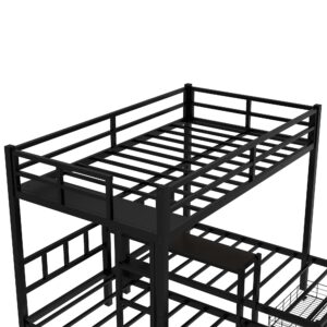 Full XL Over Twin Over Twin Bunk Bed for 3 Kids, Heavy Duty Triple Bunk Bed with Storage Drawers, Shelf, Guardrails and Ladder, Full XL Over Twin Over Twin Triple Bunk for Kids, Teens, Black