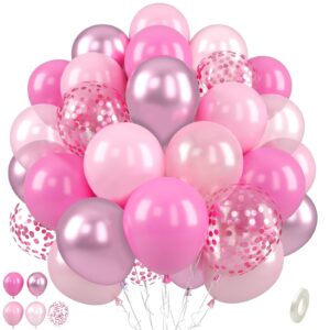 paready pink balloons set, 50 pcs 12 inch metallic pink pastel pearl light pink confetti balloons helium with ribbon for women girls wedding bridal baby shower princess birthday party decorations