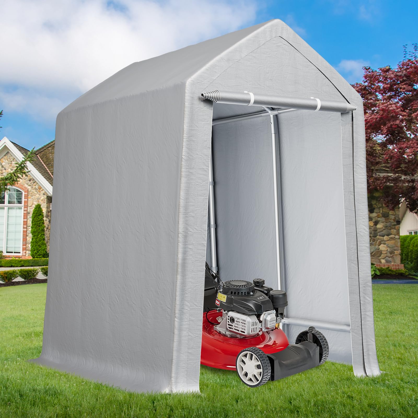 Agrestem Carport Portable Storage Shed, 6x6 FT Storage Shelter, Roll-Up Zipper Doors, All-Season Protective Car Tent Tarp, Sturdy Metal Frame, Waterproof Carport for Motorcycle, Bike, Garden Tools