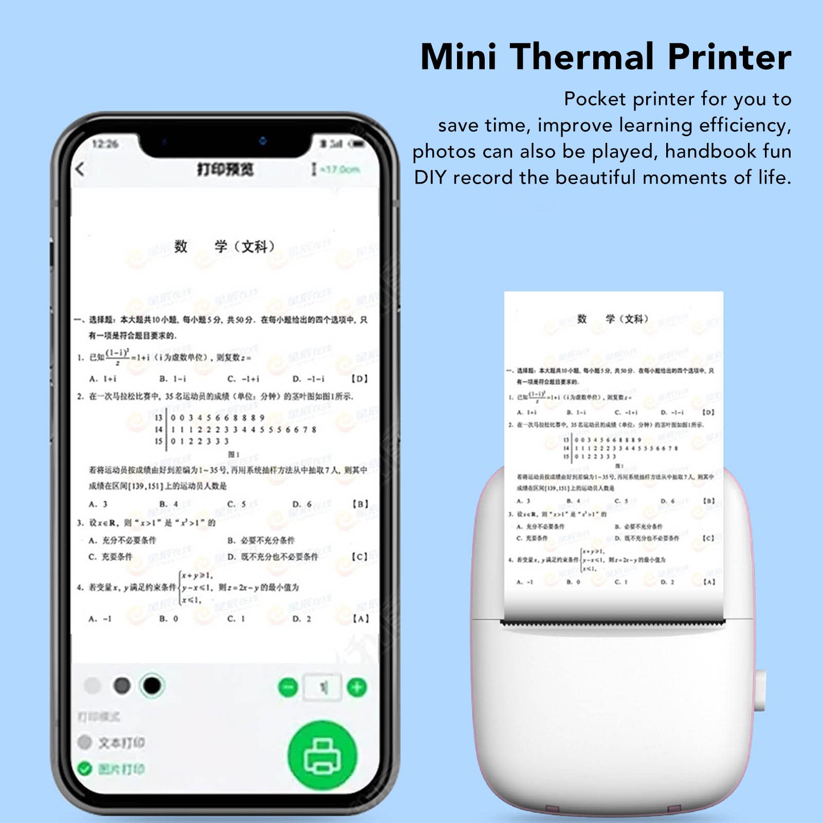 ANGGREK Photo Printer, Mini Thermal Printer Thermal Printing 200 Dpi Resolution Blue 1000 MAh Capacity USB Charging with Printing Paper for School