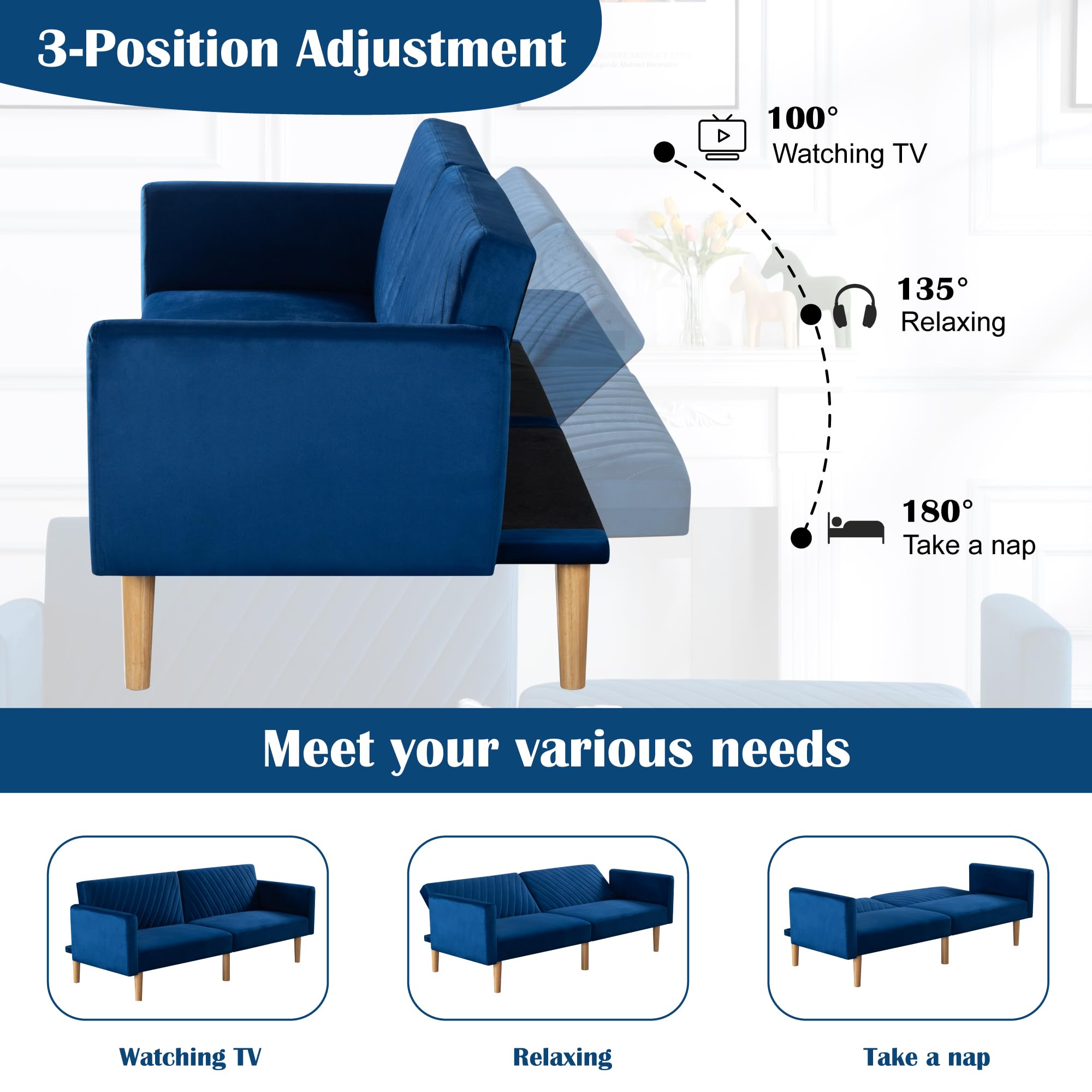 PVWIIK Convertible Folding Futon Sofa Bed, Velvet Fabric Upholstered Loveseat with Adjustable Backrests, Sleeper Couch Recliner Lounge for Small Space Apartment Office Living Room, Navy Blue