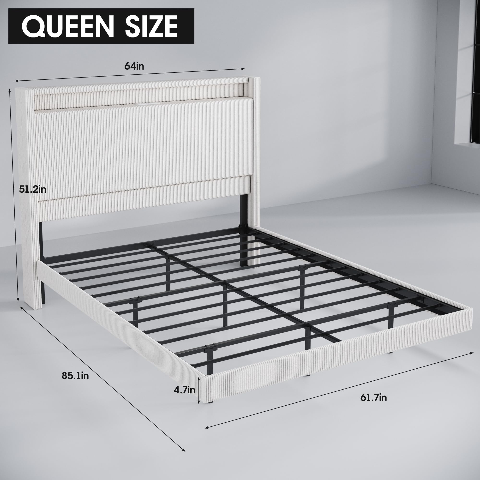 Fameill Queen Size Floating Bed Frame Metal Platform Bed with Charging Station, LED Lights, Comfy Corduroy, Tall Headboard Queen Bed Frame, No Box Spring Needed, Easy Assembly, Beige