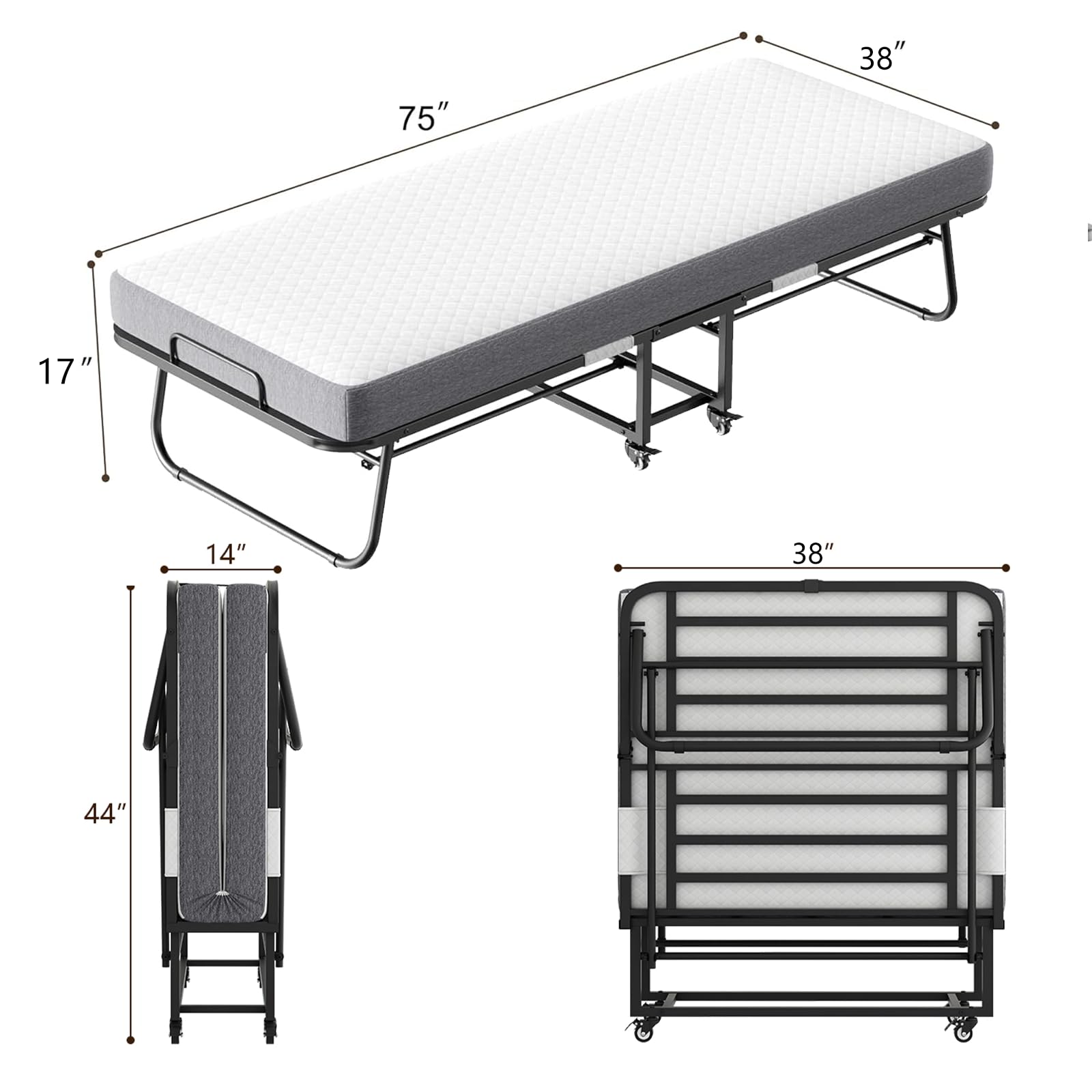 RAOGIE Folding Bed with Mattress, 75''x38'' Twin Size Rollaway Bed with Upgraded Rugged Frame, Guest Bed Portable Foldable Bed for Adults, Space-Saving Fold up Bed