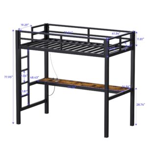 METAN Metal Loft Bed with Desk, Metal Loft Bed Frame with LED Light, Metal Bed with Desk with Charging Outlets, Noise-Free, Space-Saving, Black, Assembly Required