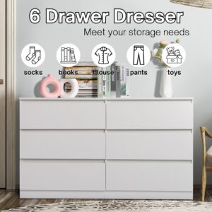 Karl home 6 Drawer Dresser, White Dresser Double Dresser Chest of Drawers, Wood Dressers for Bedroom with Cut-Out Handles, Long Bedroom Dresser with Deep Drawers, Living Room, Office, 55 Inch