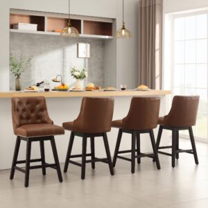 Busaurus Swivel Bar Stools Counter Height, 26" Faux Leather Upholstered Swivel Counter Stools with Back Set of 1, Modern Kitchen Island Stools with Solid Wood Legs, Brown